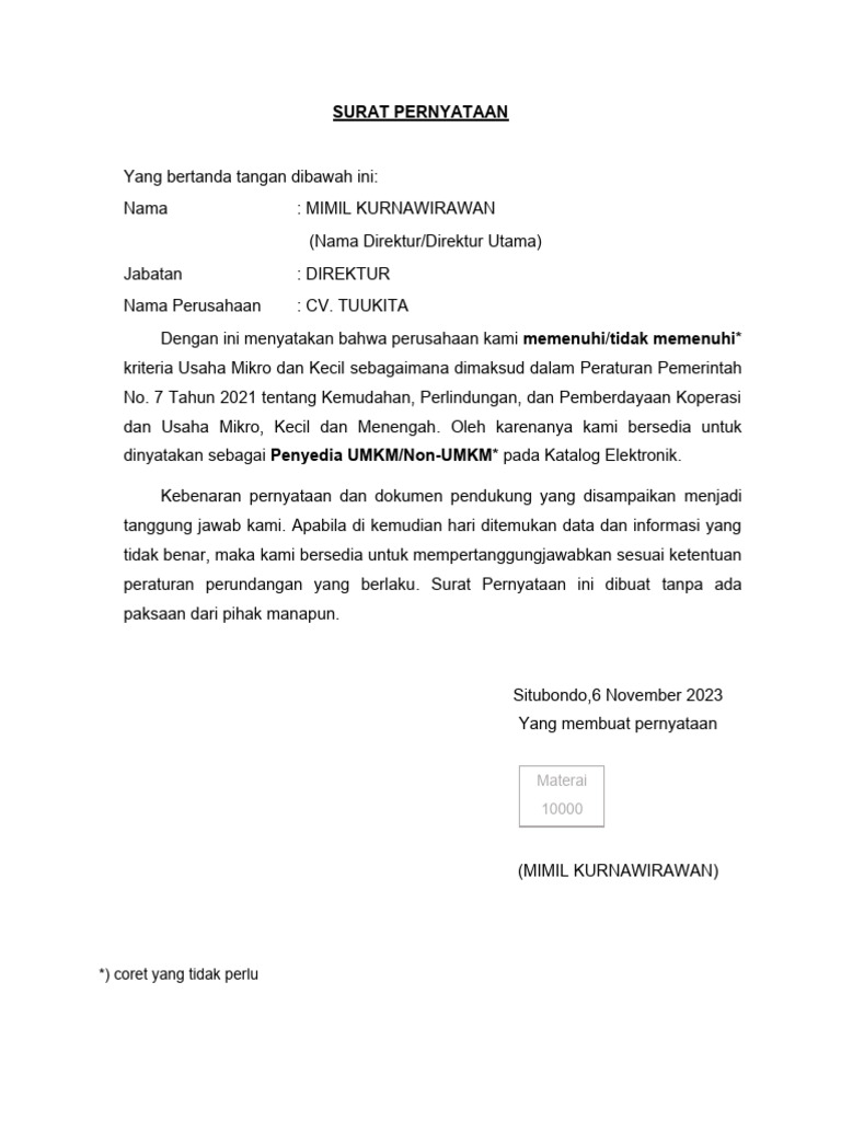 Surat Pernyataan Status UMKM CV. Tuukita | PDF