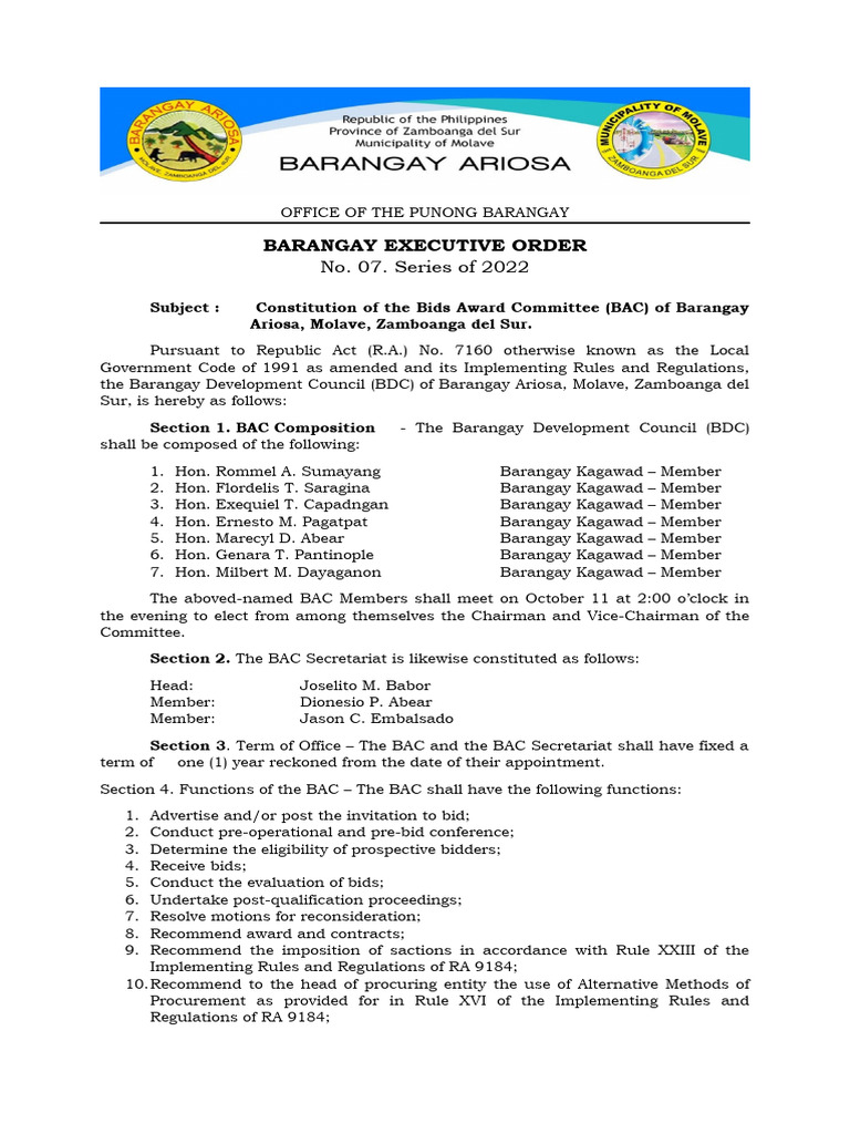 Bac Executive Order 2022 | Download Free PDF | Procurement | Government