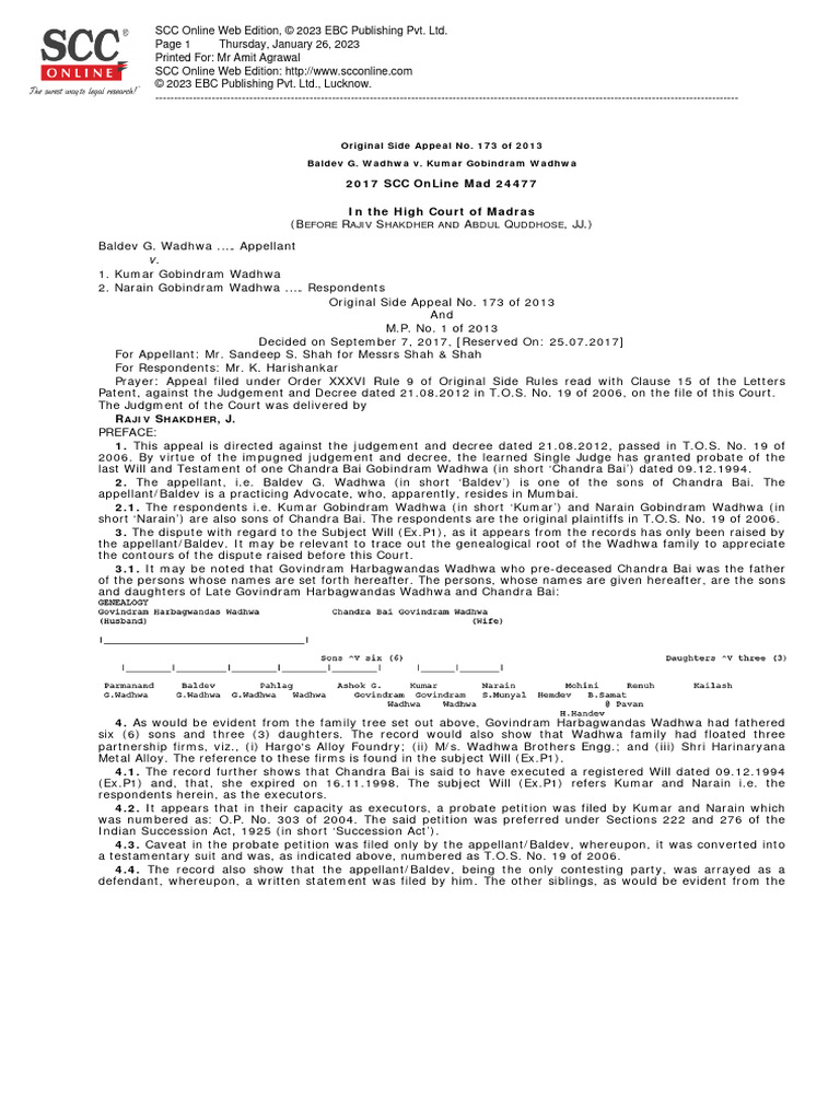 Baldev G. Wadhwa v. Kumar Gobindram Wadhwa | PDF | Judgment (Law) | Burden Of Proof (Law)