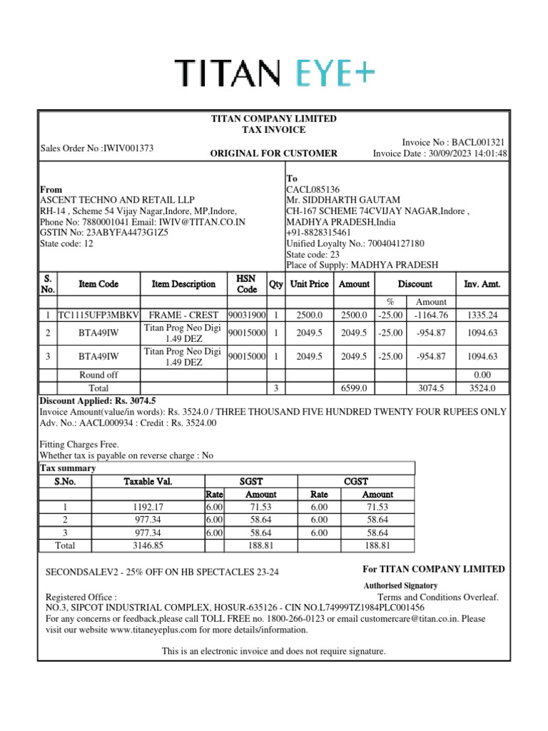 Titan Invoice for Progressive Lenses | PDF | Invoice | Glasses
