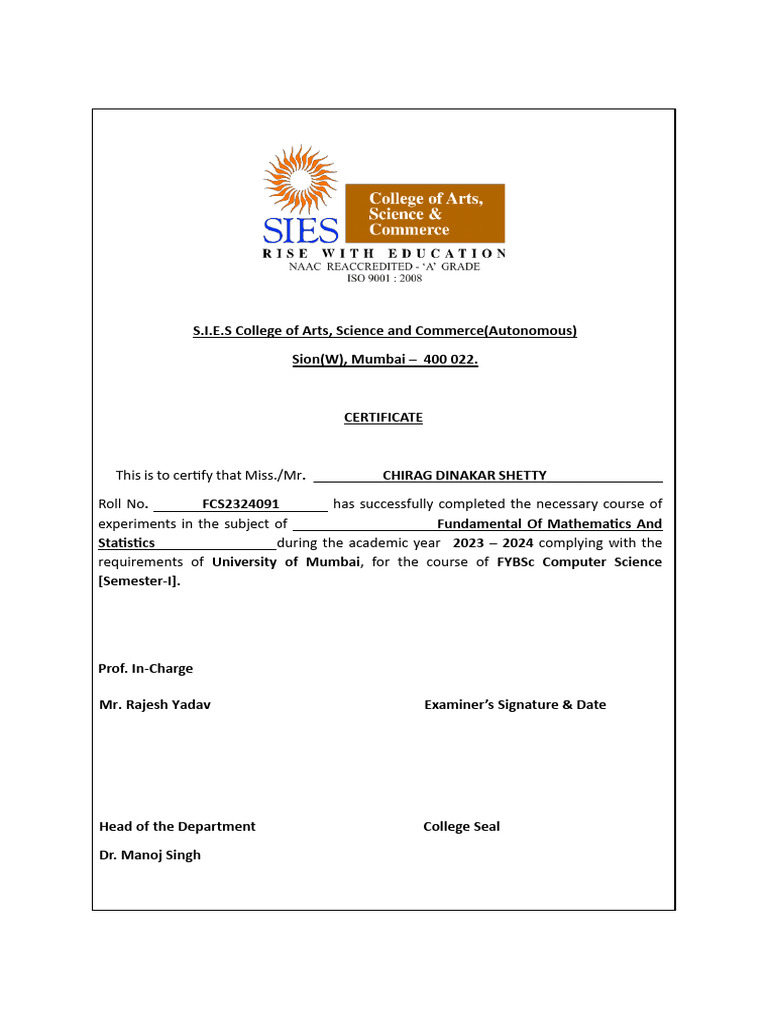 Fyybsc - CS Sem 1 FMS Journal | PDF | Skewness | Descriptive Statistics