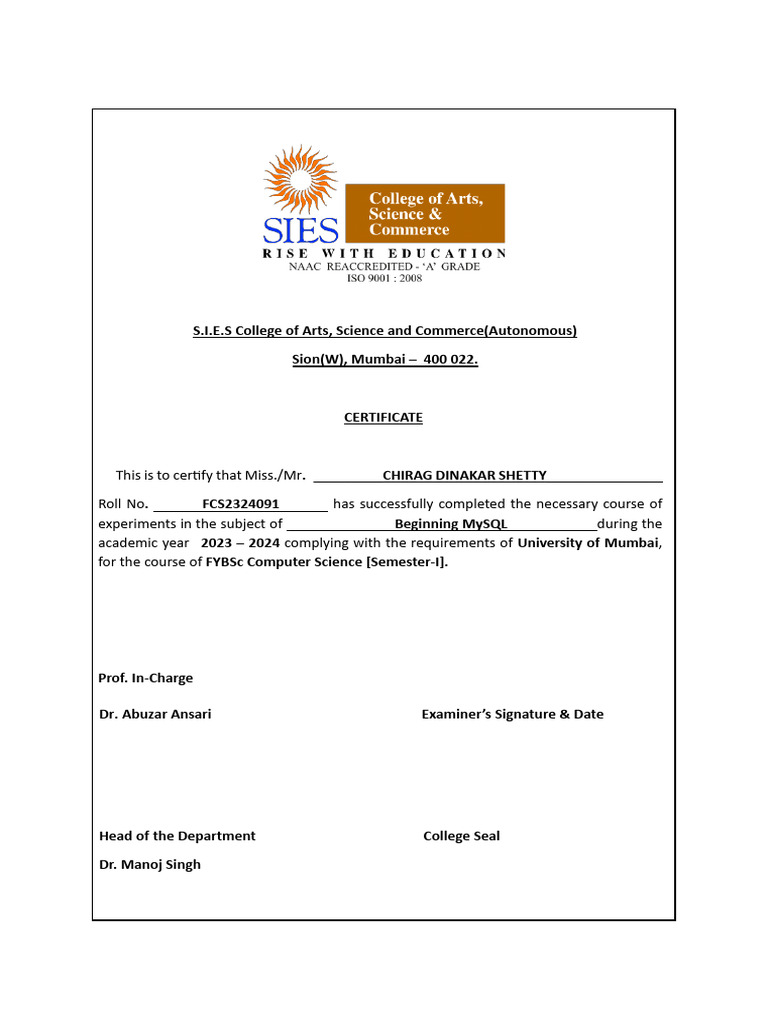 Fybsc - CS Sem 1 Mysql Journal | PDF | Table (Database) | Trigonometric ... Fybsc - CS Sem 1 Mysql Journal | PDF | Table (Database) | Trigonometric ...
