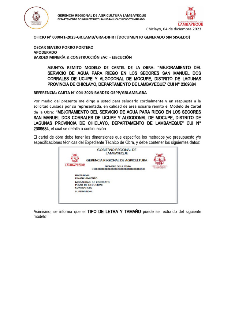 Remito Modelo Cartel de Obra Ucupe | PDF