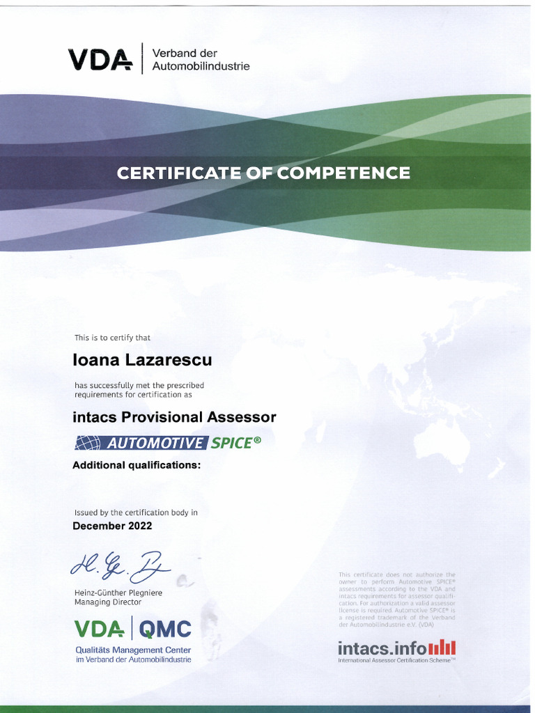 ASPICE Certificate Ioana Lazarescu | PDF