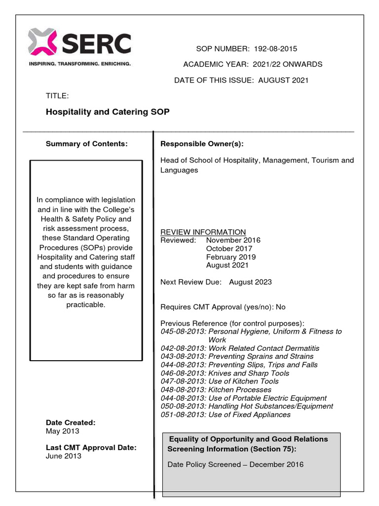 Hospitality & Catering Safety Guide | PDF | Knife | Dermatitis