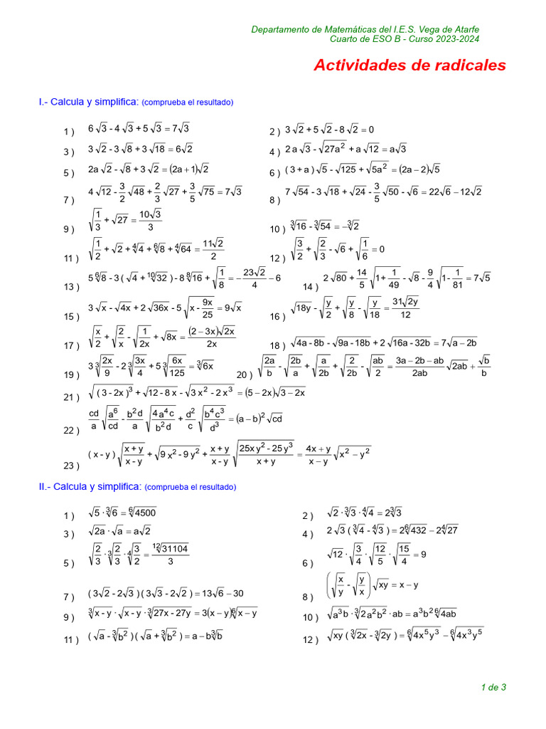 Actividades sobre radicales matemáticos | PDF
