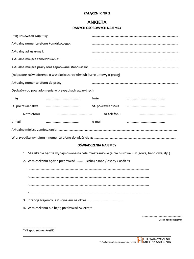 Ankieta Danych Osobowych Najemcy042016 | PDF