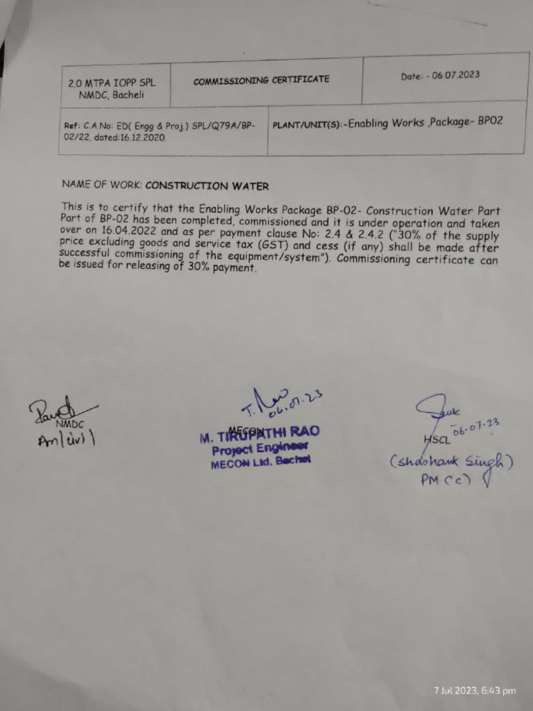Commissioning Certificate Construction Water | PDF