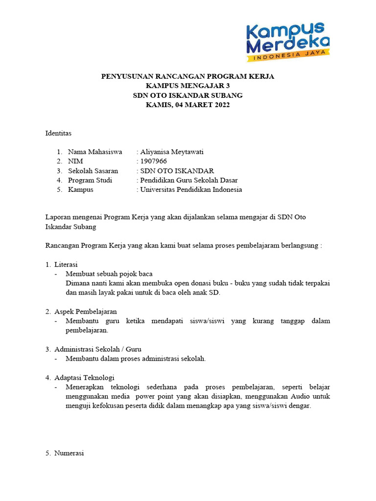 Rancangan Program Kerja Kampus Mengajar 3 | PDF