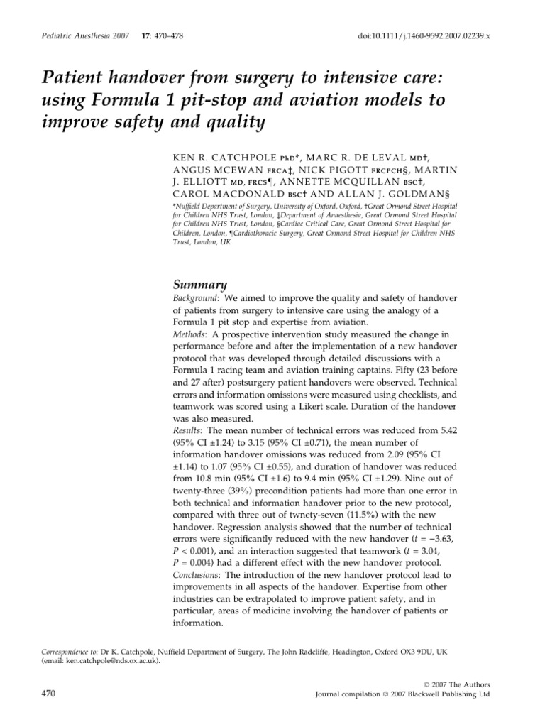 Pediatric Anesthesia - 2007 - CATCHPOLE - Patient Handover From Surgery ...