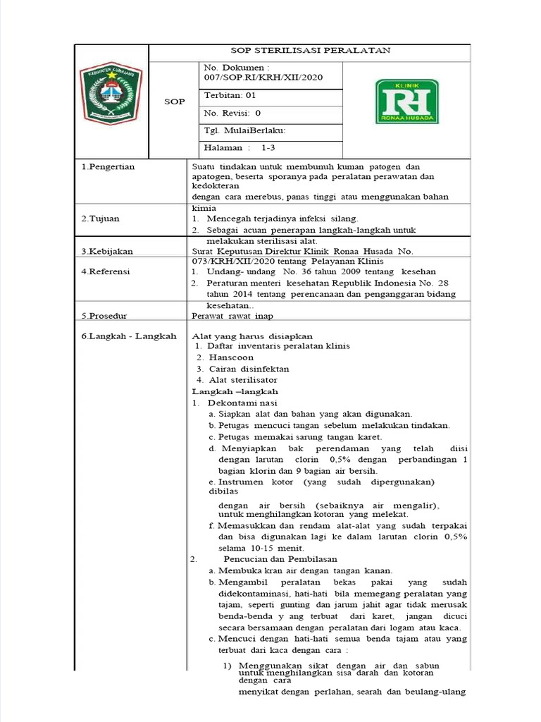 Sop Sterilisasi Peralatan | PDF | Kesehatan Holistik | Sains & Matematika
