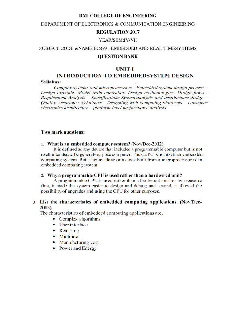 Ec8791 Embedded and Real Time Systems IV Year Vii Sem Part A B Questions With Answer | PDF ...