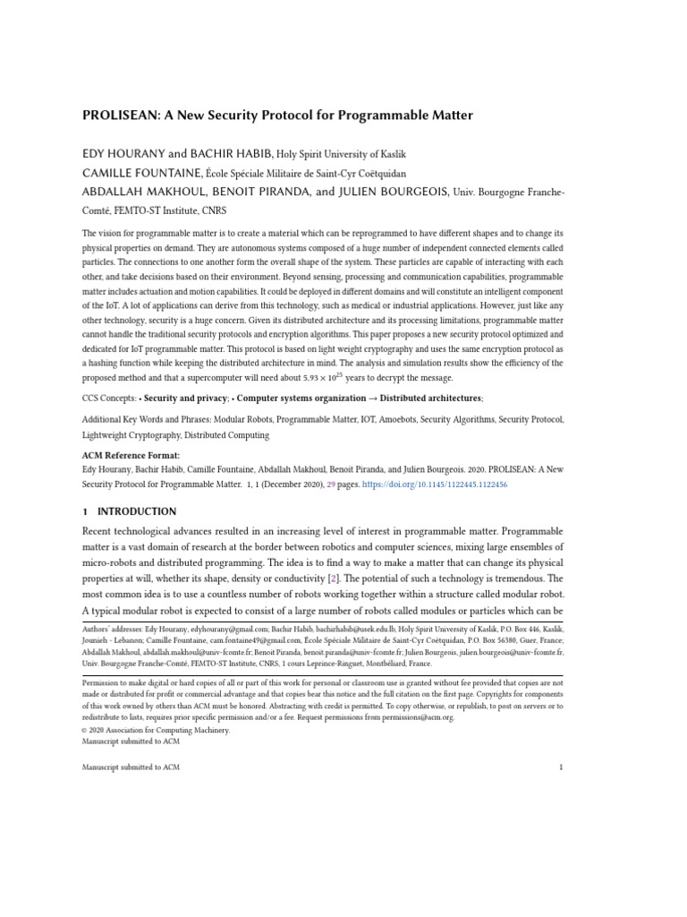 Prolisean First Security Protocol For Programmable Matter | PDF | Cryptography | Key (Cryptography)