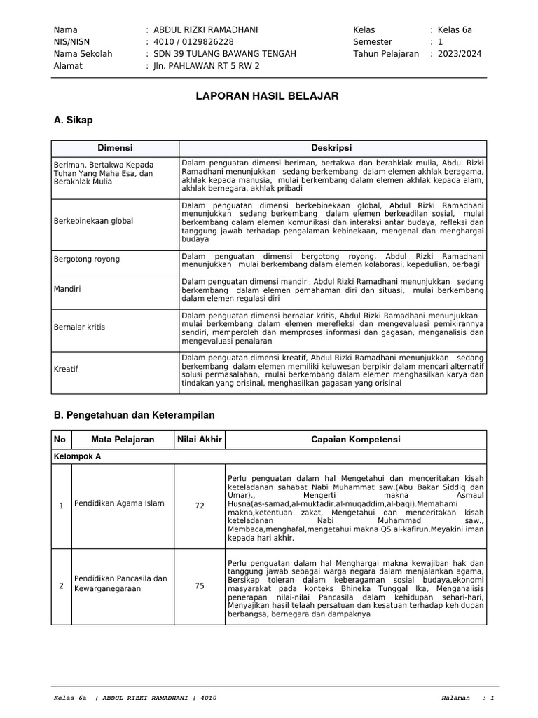 Rapor - K13 - Abdul Rizki Ramadhani | PDF