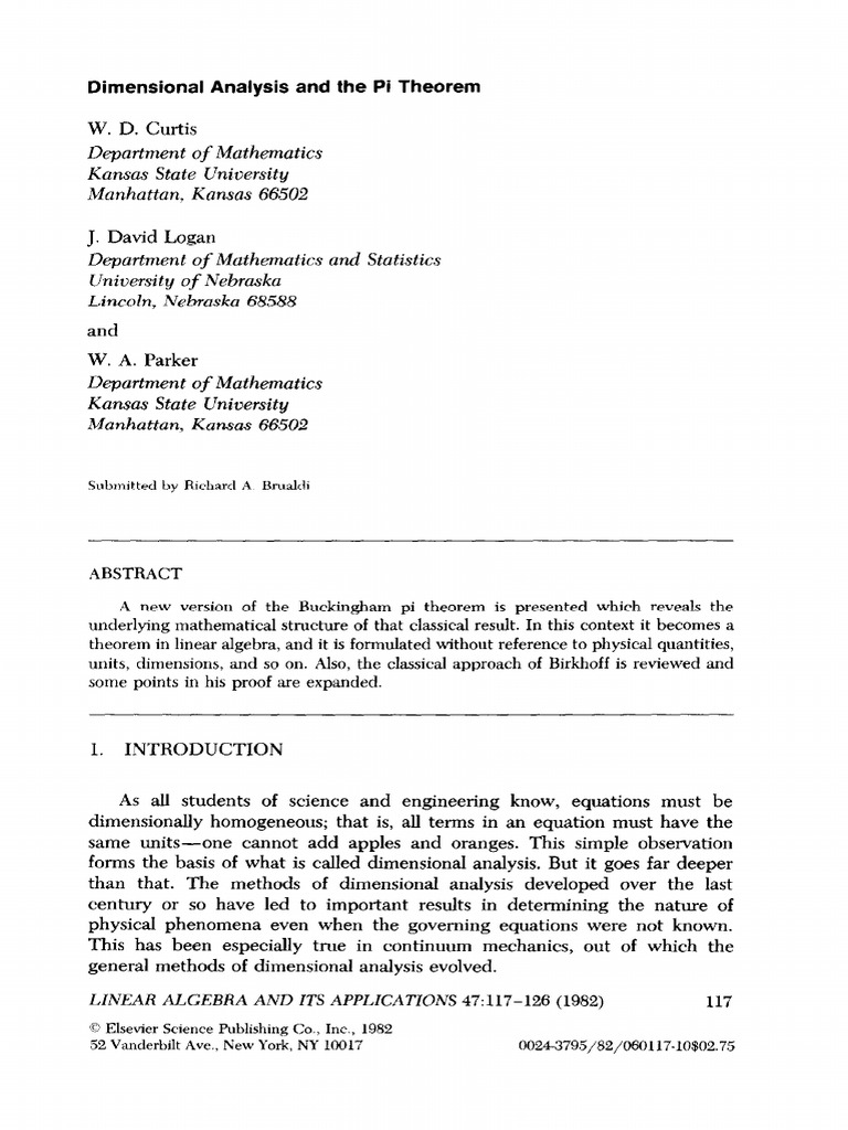 Dimensional Analysis and The Pi Theorem by Curtis1982 | PDF | Mathematics | Mathematical Concepts