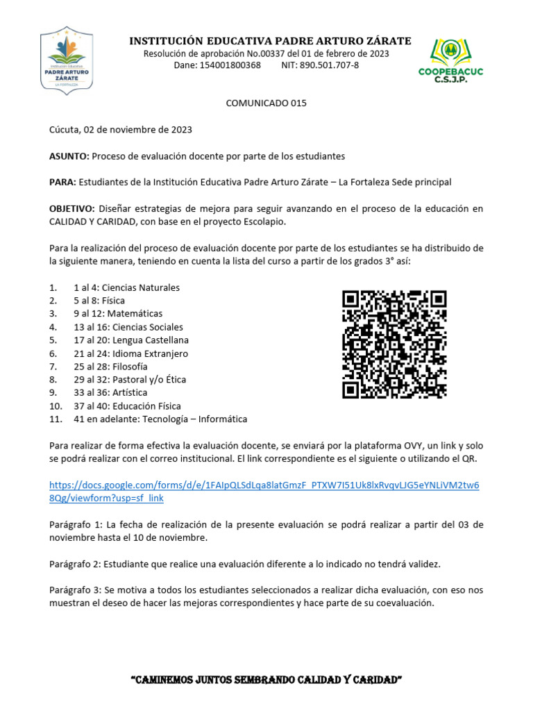 Comunicado 015 Evaluación Docente | PDF | Evaluación