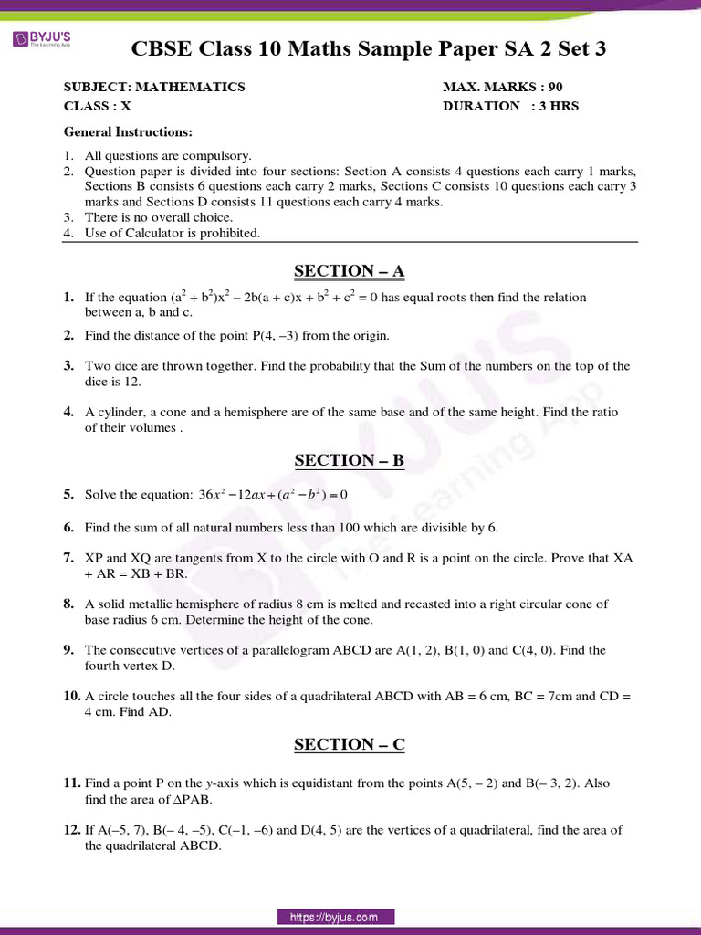 CBSE Sample Paper For Class 10 Maths SA 2 Set 3 | Download Free PDF | Circle | Area