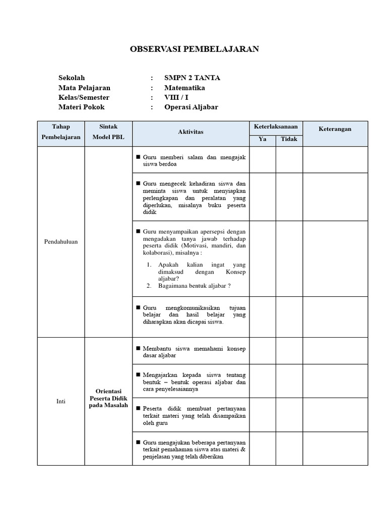 Lembar Observasi Pembelajaran | PDF | Sains & Matematika