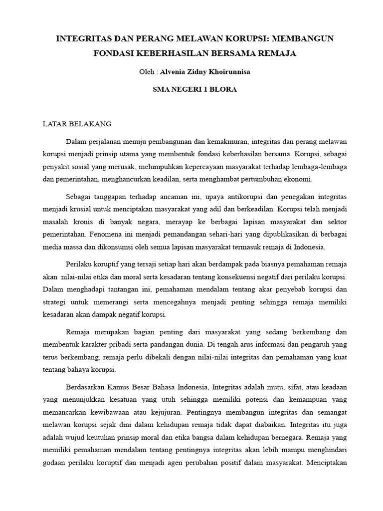 Essai INTEGRITAS DAN PERANG MELAWAN KORUPSI MEMBANGUN FONDASI KEBERHASILAN BERSAMA REMAJA ...
