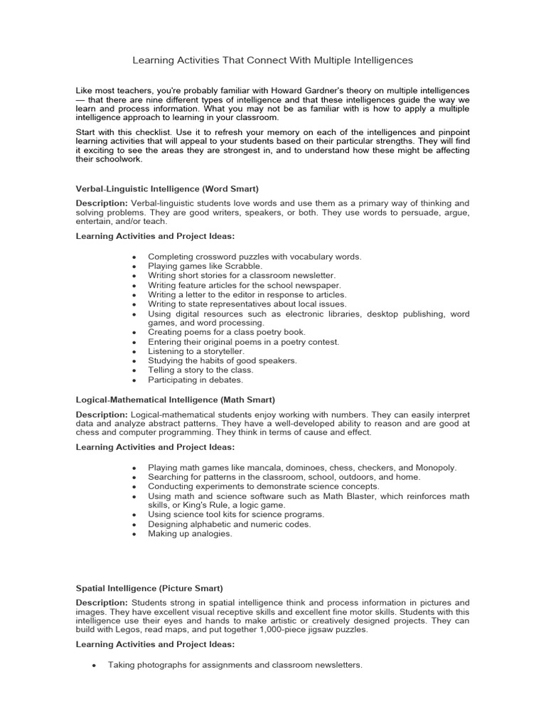 Learning Activities That Connect With Multiple Intelligences | PDF | Intelligence | Cognition