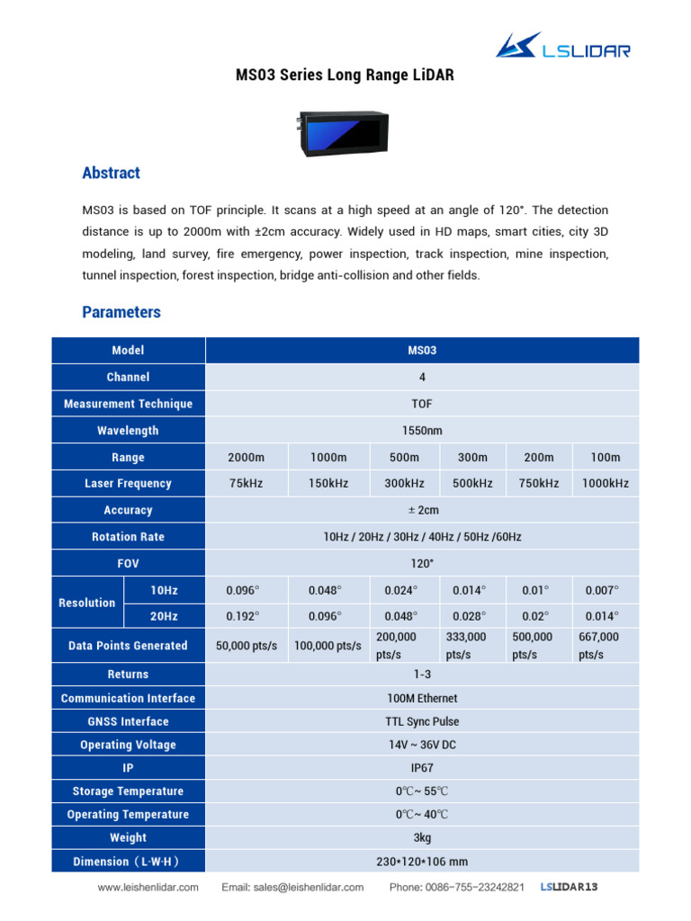 MS03 Specification | PDF | Lidar | Metrology