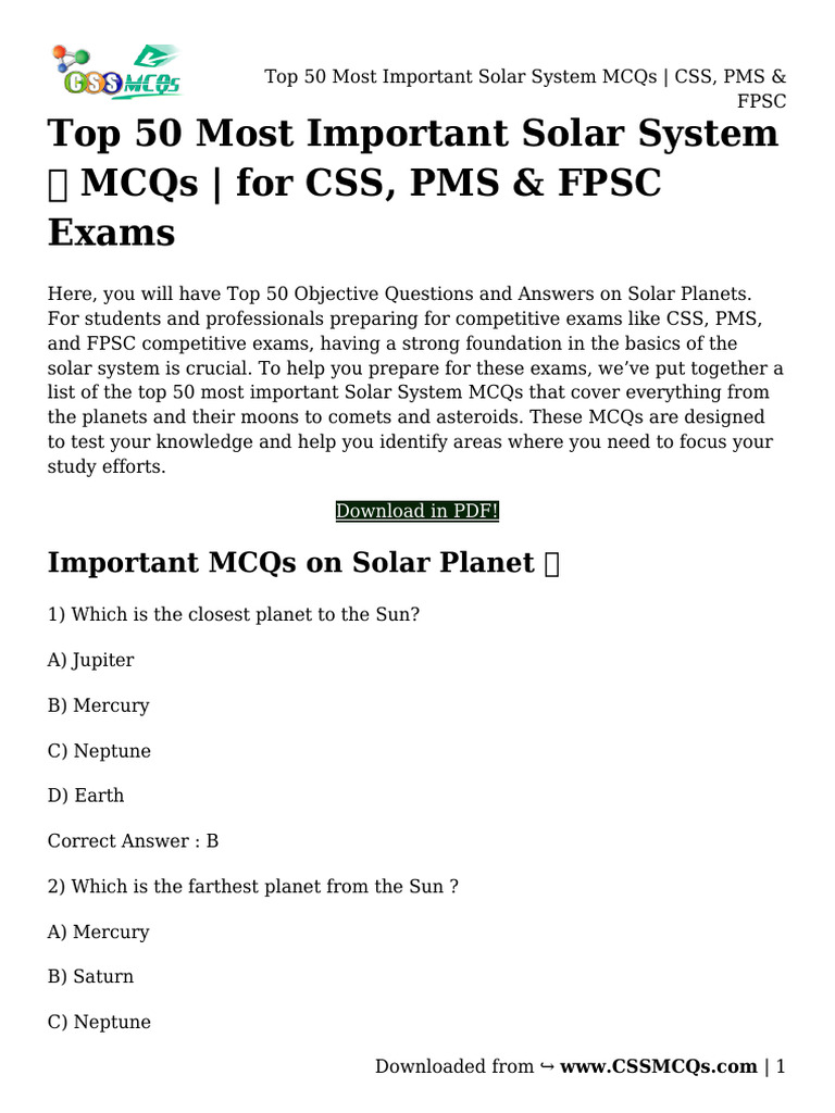 Top 50 Most Important Solar System MCQs - CSS, PMS & FPSC | PDF | Planets | Solar System