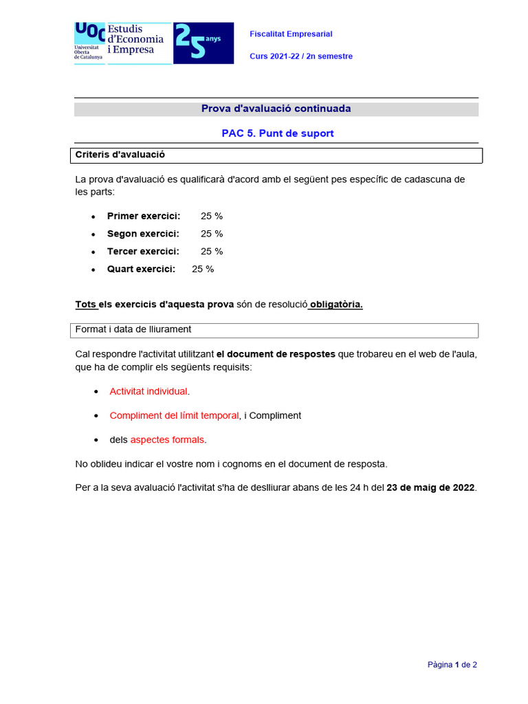 Fiscalitat Empresarial PAC5 212 Enunciat | PDF