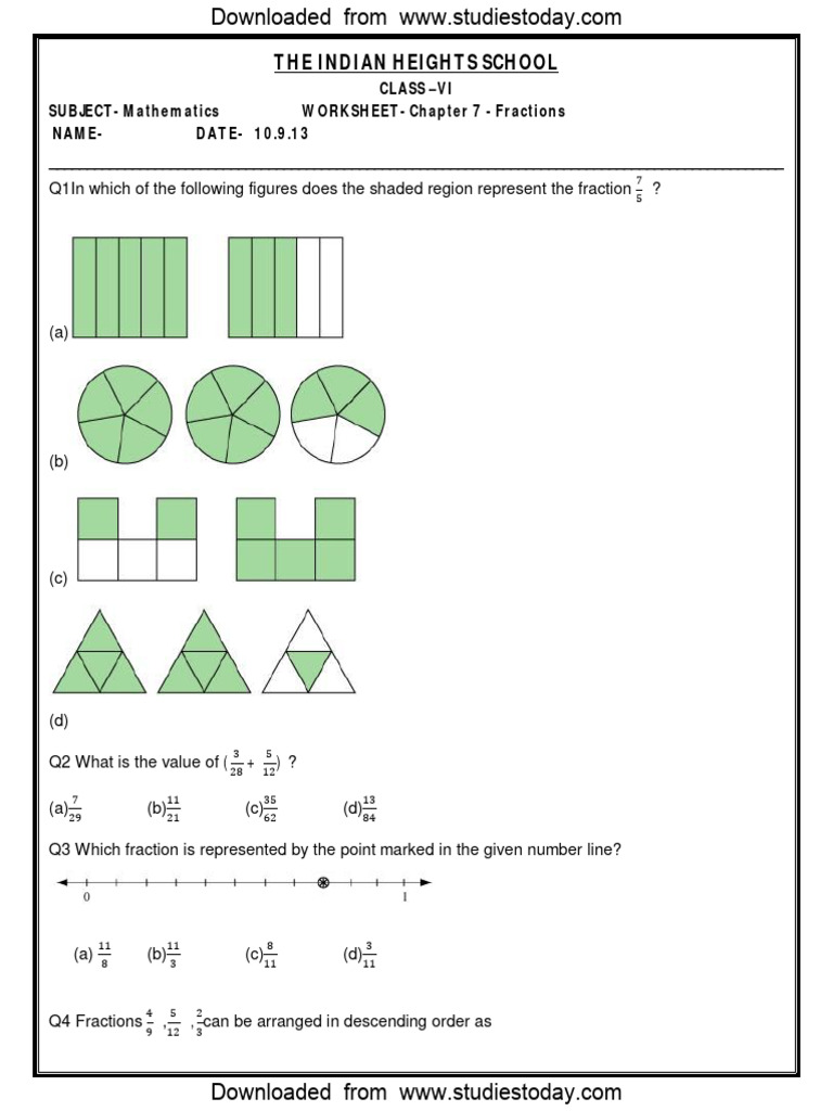 CBSE Class 6 Fractions Worksheet | PDF