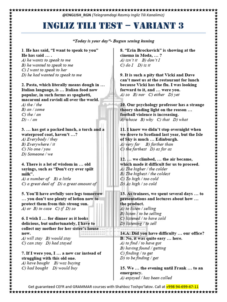 30 Ta Test Ingliz Tili @ENGLISH - RGN +998946996711 | PDF | Inflation ...
