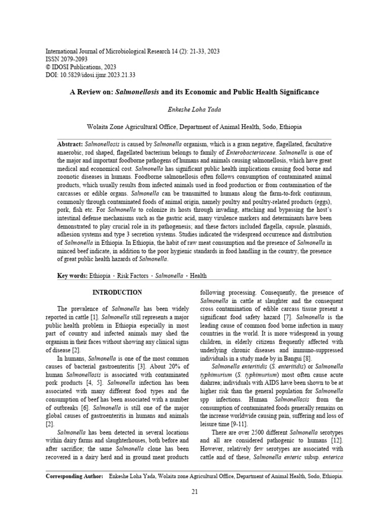 A Review On: Salmonellosis and Its Economic and Public Health ...
