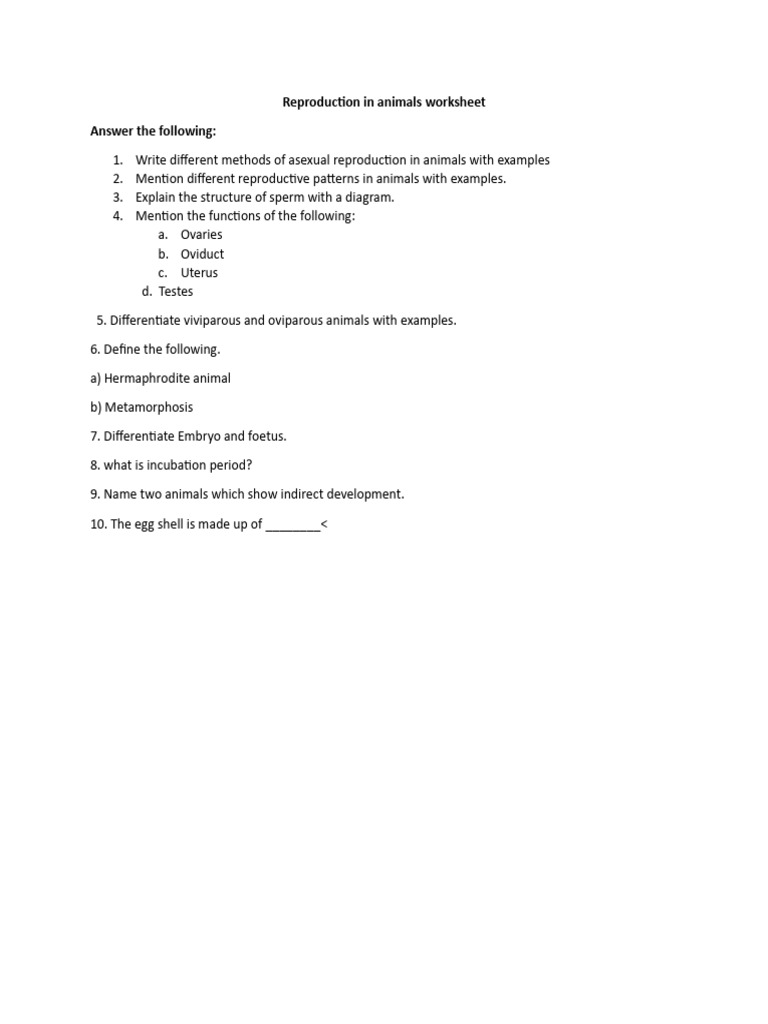 Reproduction in Animals Worksheet | PDF