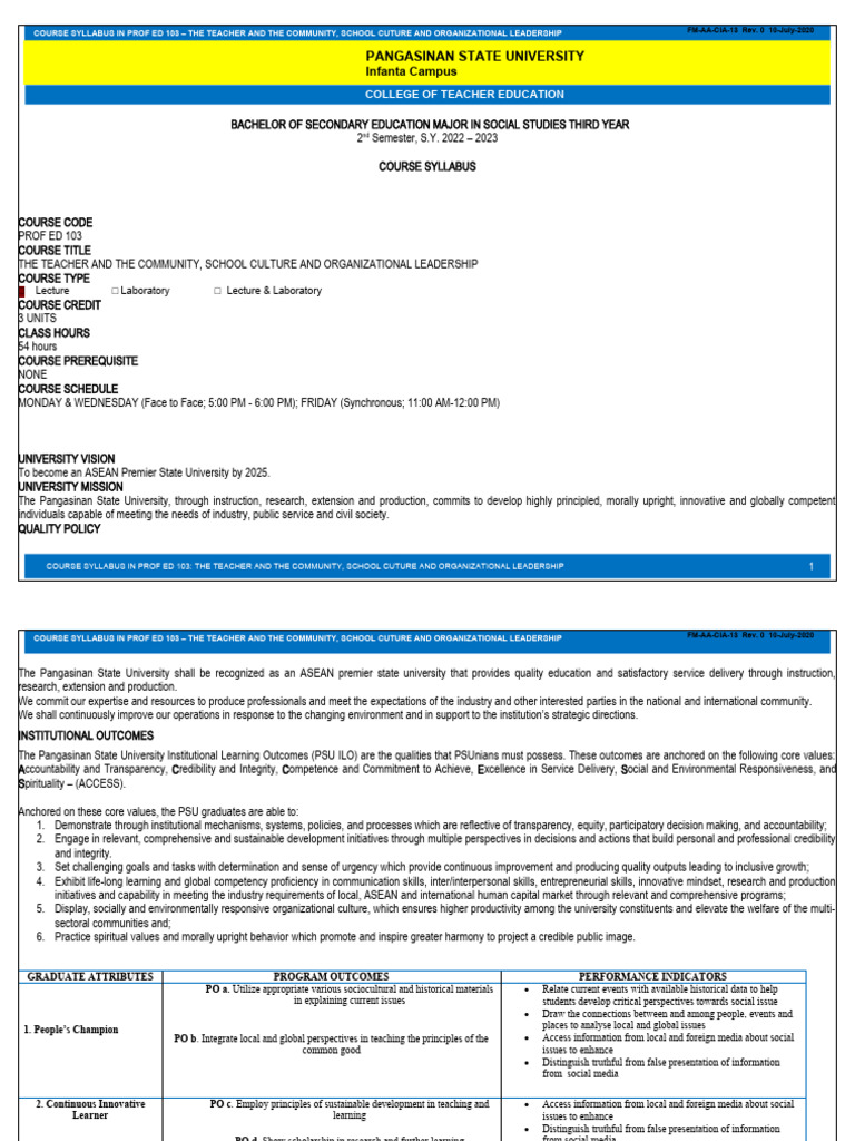 ProfEd 103 SYLLABUS BSE3 22 23 | PDF | Leadership | Teachers