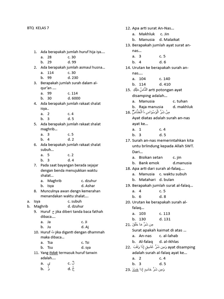 Soal BTQ Kelas 7 | PDF