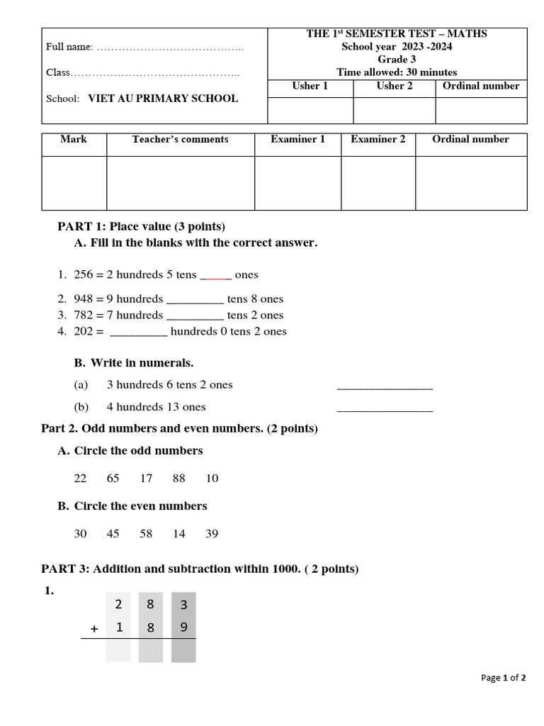 Maths - Final Test - Grade 3 | PDF