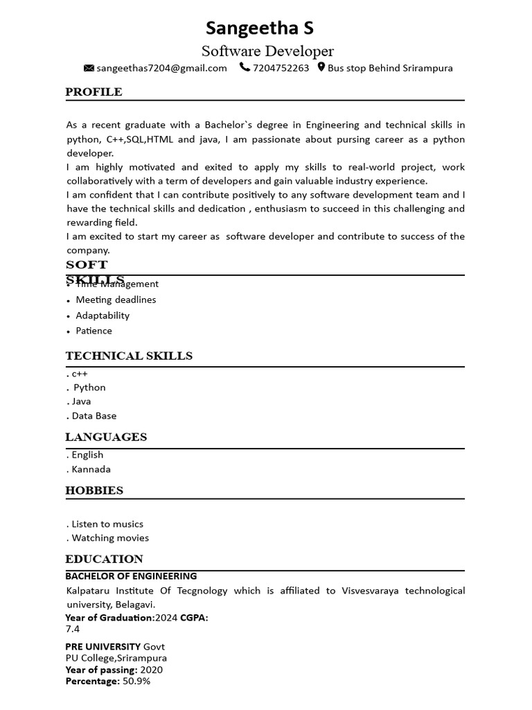 Sangeetha S Resume PDF | PDF Sangeetha S Resume PDF | PDF