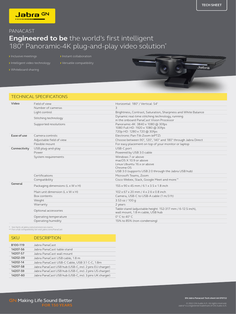EN Jabra PanaCast Tech Sheet A4 070722 - WEB | PDF | Usb | Software