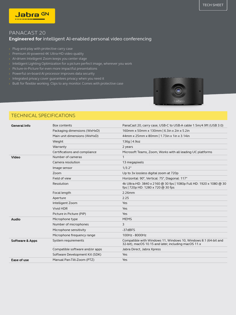 EN US Jabra PanaCast 20 Tech Specs 030222 | PDF | Digital Zoom | Camera