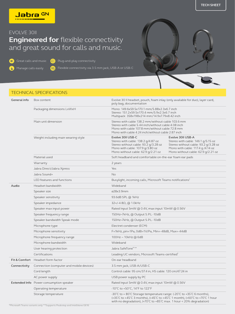 Jabra Evolve 30II Tech Sheet A4 Web 250522 | PDF | Microphone | Usb