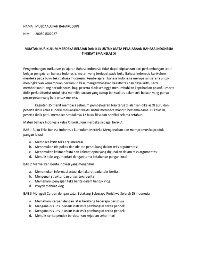 Muatan Kurikulum Merdeka Belajar Dan k13 Untuk Mata Pelajaraan Bahasa ...