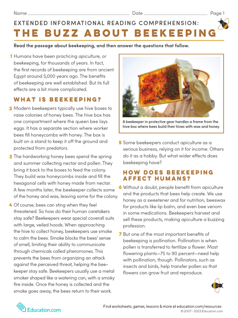 Extended Informational Reading Comprehension The Buzz About Beekeeping ...