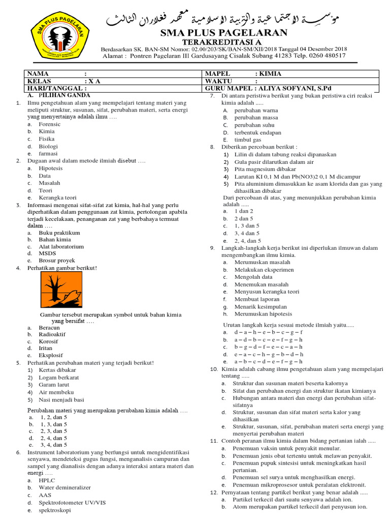 Soal Kimia Kelas X: Pilihan Ganda & Essay | PDF