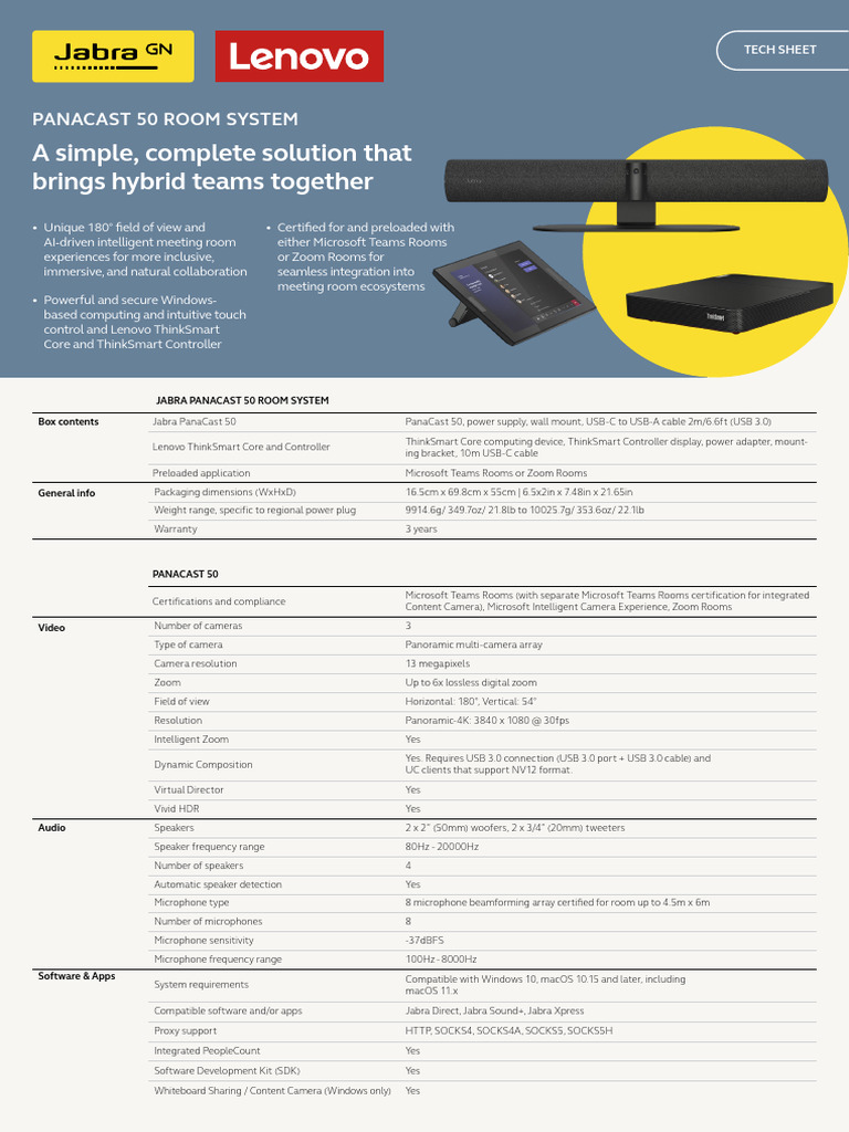 Jabra PanaCast 50 Room System Tech Specs A4 WEB | PDF | Usb | Digital Zoom