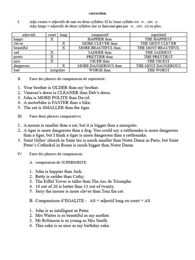 Comparatif Et Superlatif Correction Fiche 2 | PDF