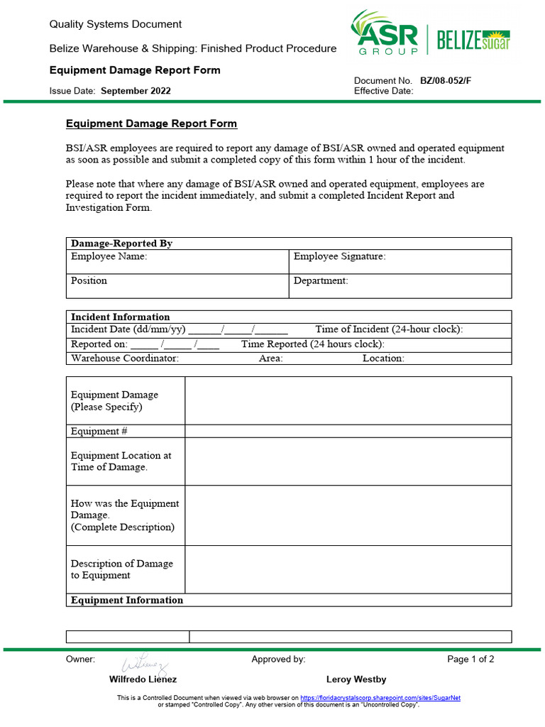 Equipment Damage Report Procedure | PDF