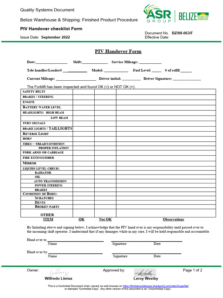 BZ-08-063-F Front End Loader-Telehandler Handover Checklist Form | PDF ...