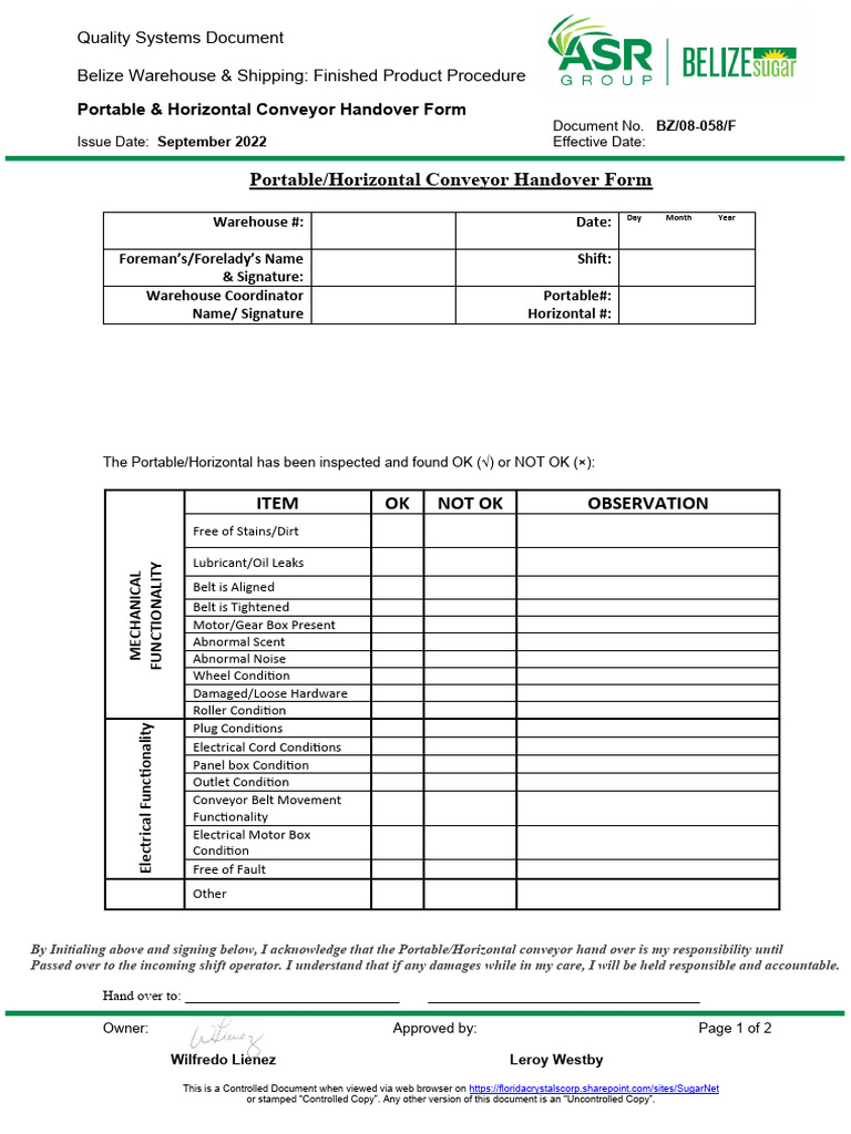 BZ-08-058-F Portable - Horizontal Conveyor Handover Form | PDF ...