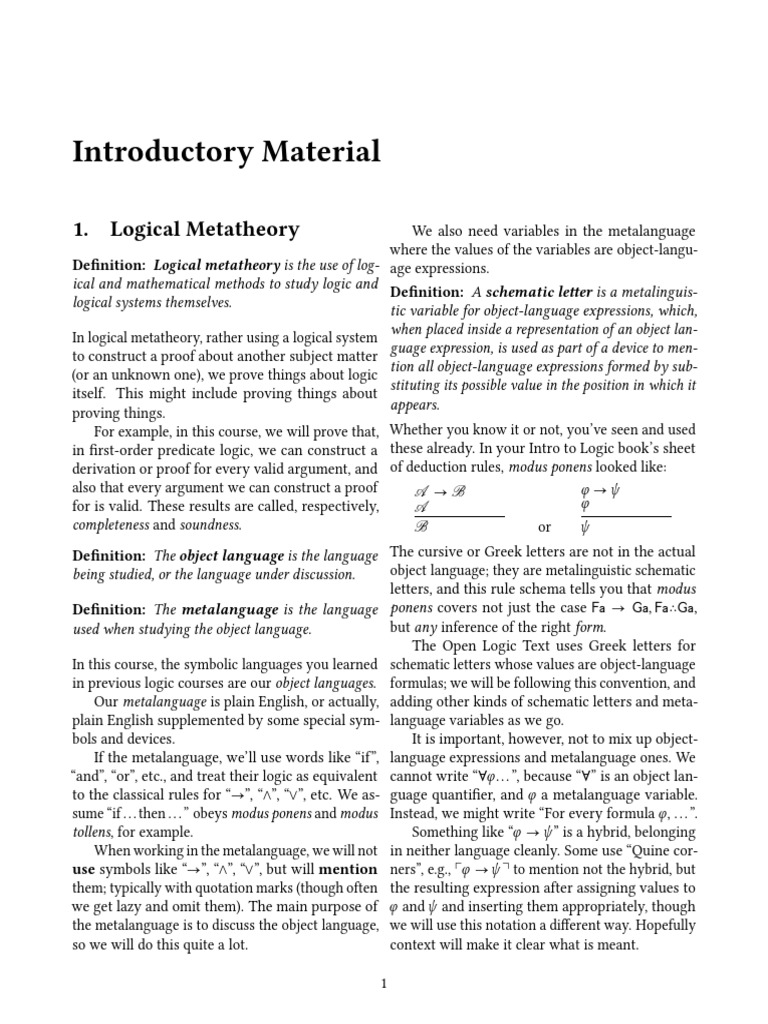 Introductory Material: 1. Logical Metatheory | PDF | Interpretation (Logic) | First Order Logic