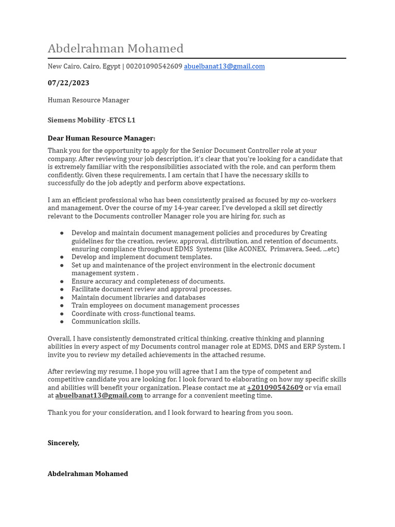 Cover Letter For Siemens | PDF