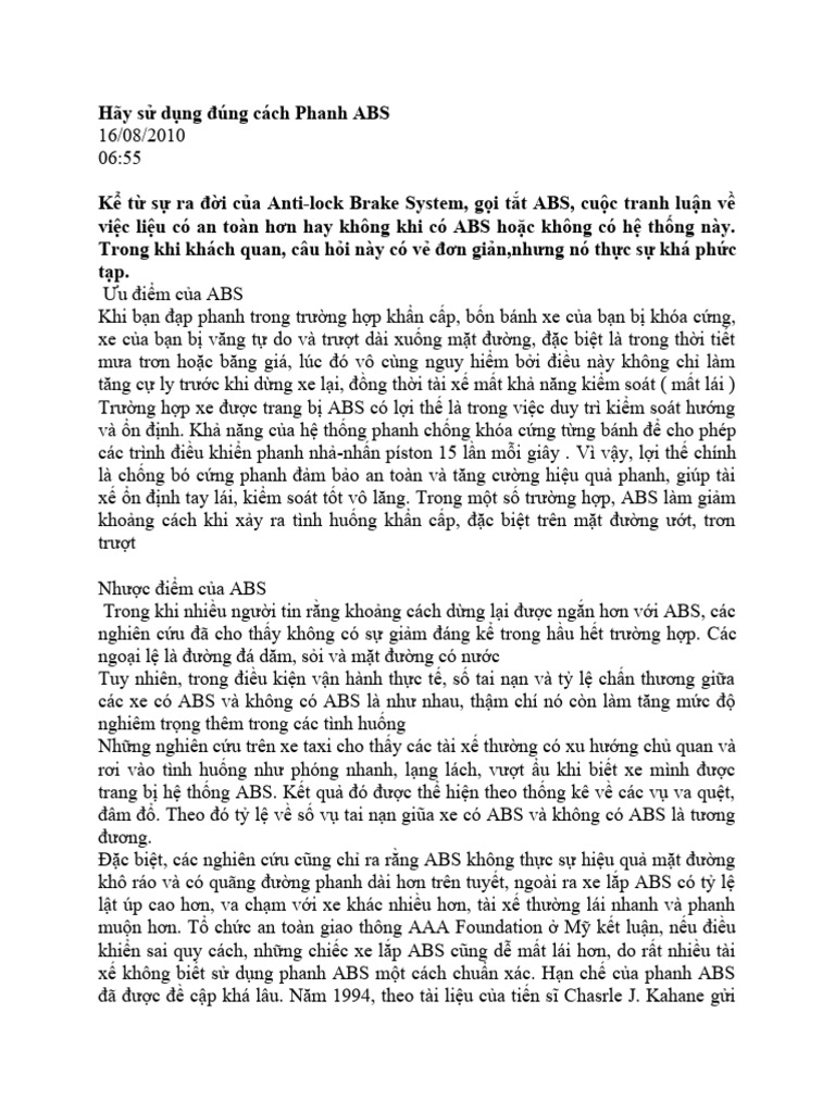 Uu Diem Cua Phanh ABS | PDF
