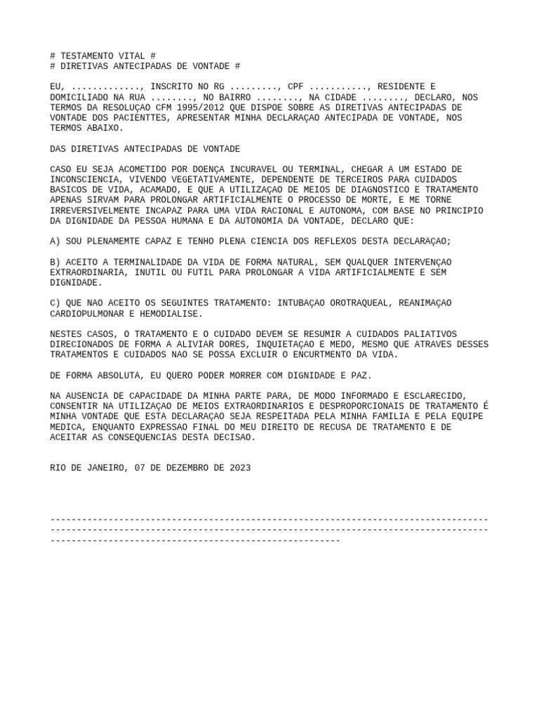 Diretiva Antecipada de Vontade Modelo 2 | PDF
